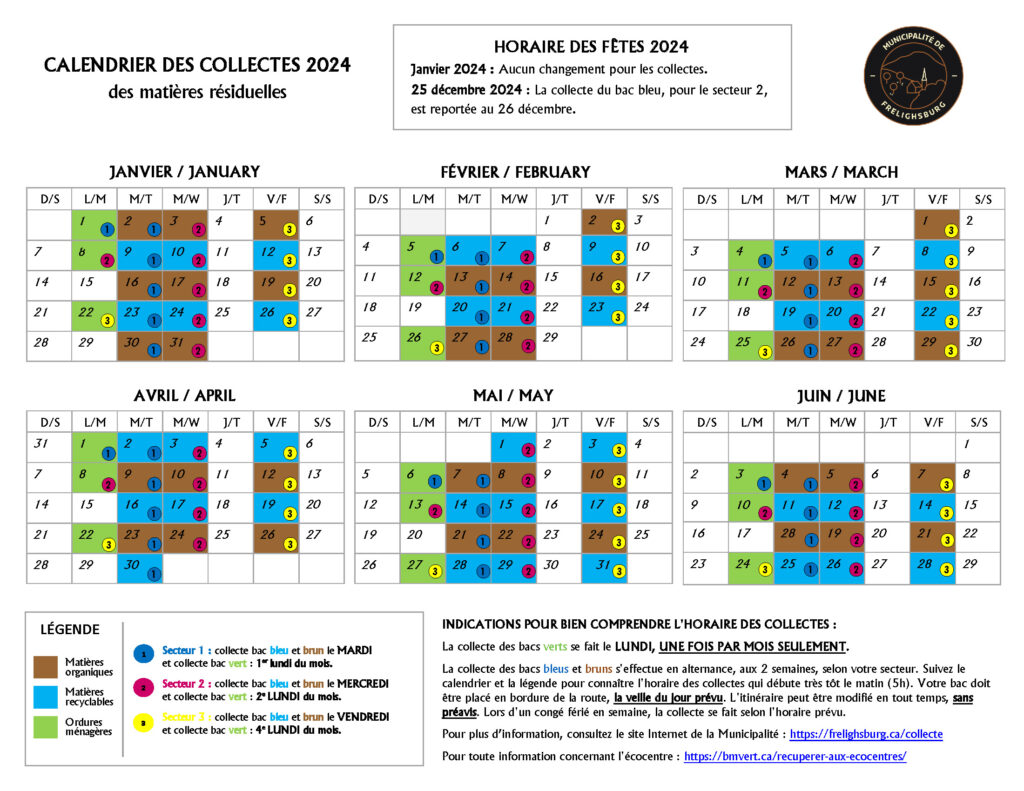 Calendrier des collectes de déchets 2024 | Frelighsburg